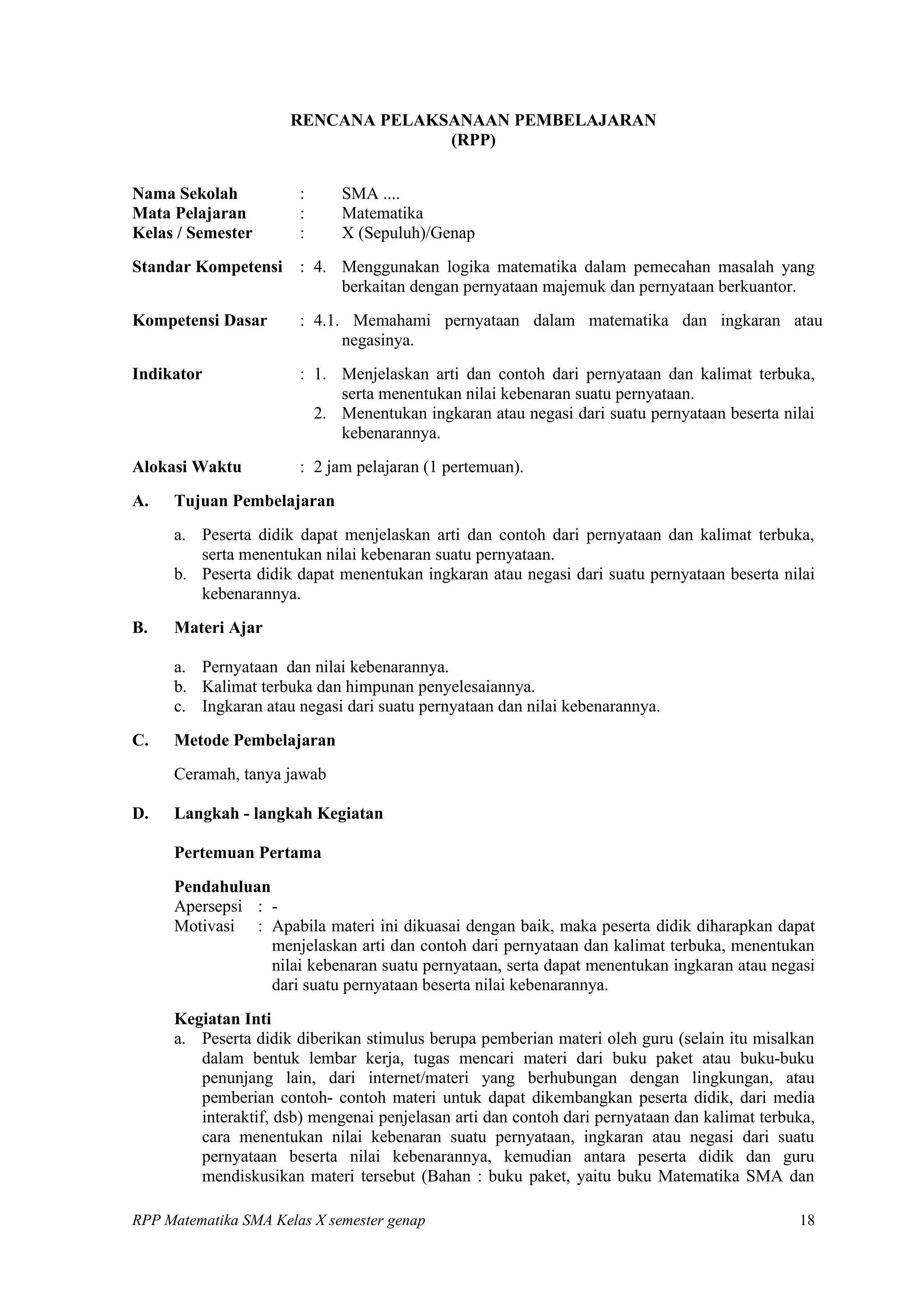 Rpp matematika SMA (logika) | DOC