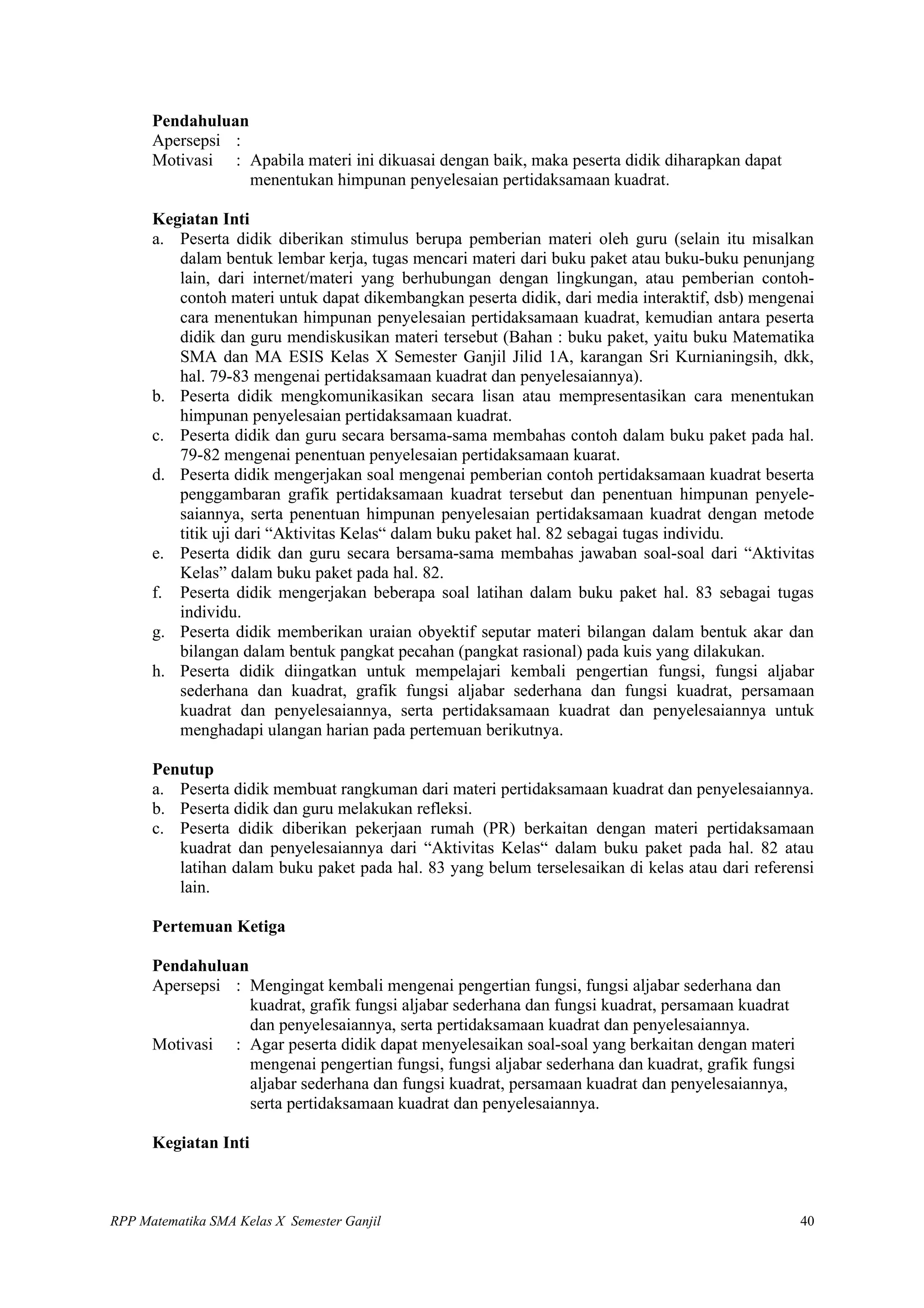 Rpp matematika (persamaan, pertidaksamaan dan fungsi kuadrat) | DOC