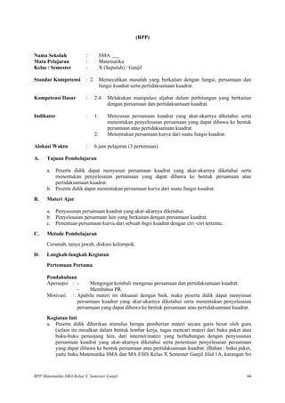 Rpp matematika (persamaan, pertidaksamaan dan fungsi kuadrat) | DOC