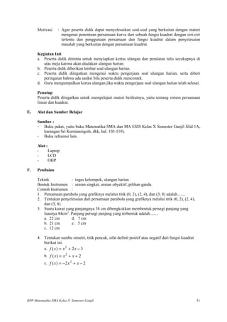 Rpp matematika (persamaan, pertidaksamaan dan fungsi kuadrat) | DOC