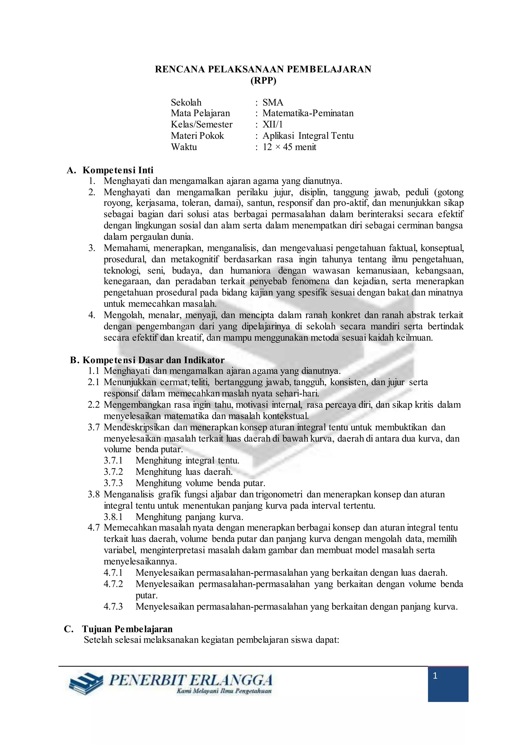 Rpp matematika sma xii peminatan bab 7 (aplikasi integral tentu) | DOCX