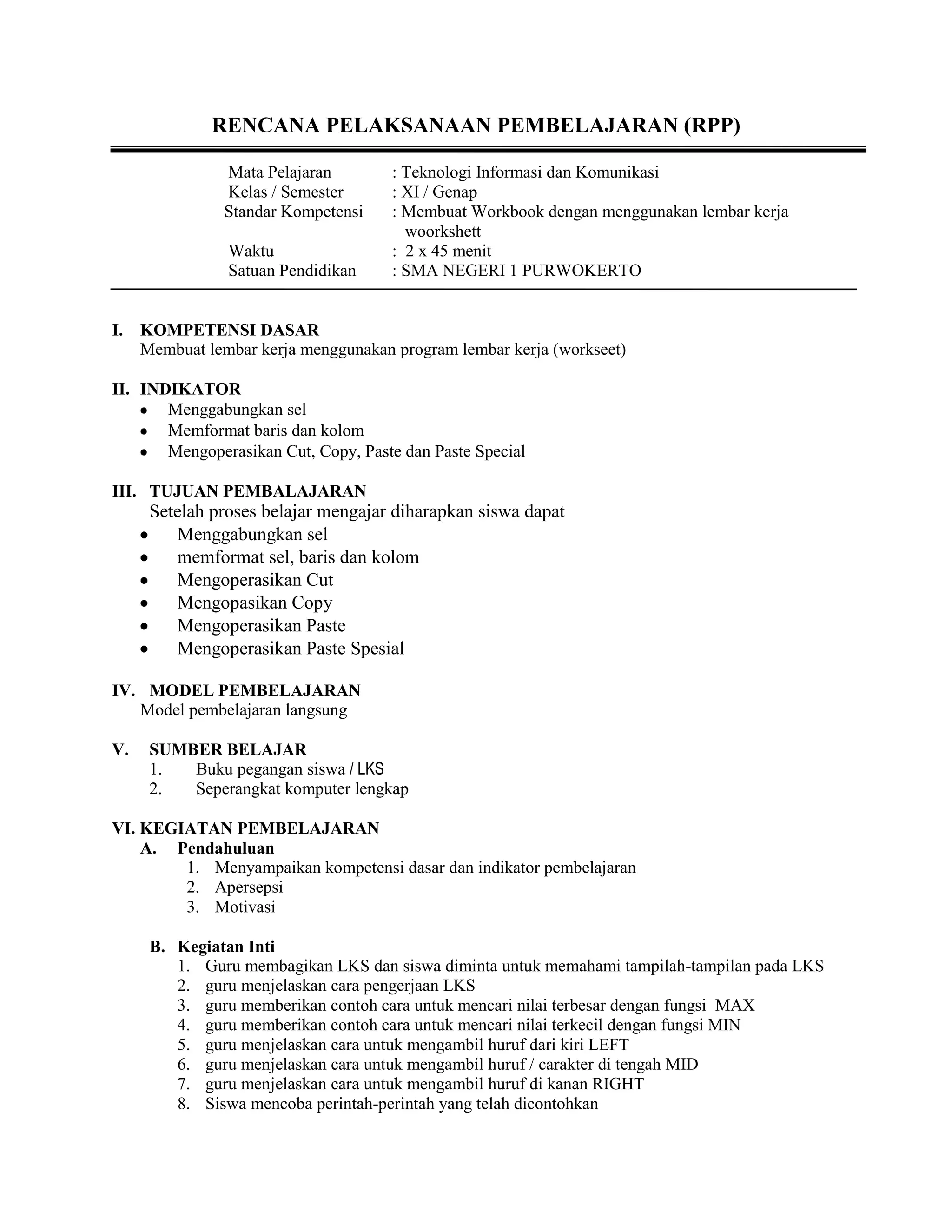 Rpp ms. excel kelas xi | DOCX