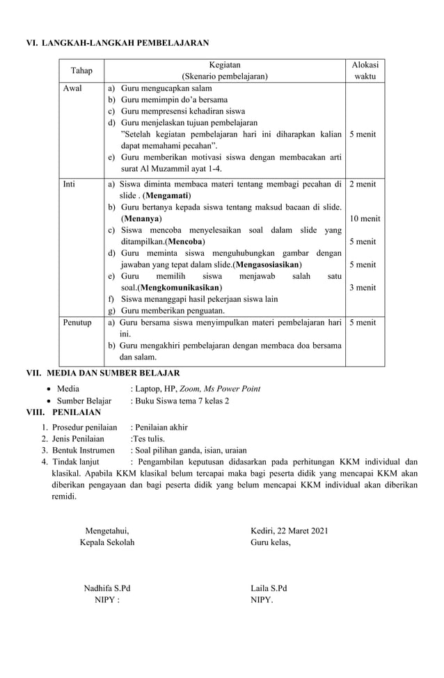Rpp pembelajaran daring matematika kelas 2 | PDF