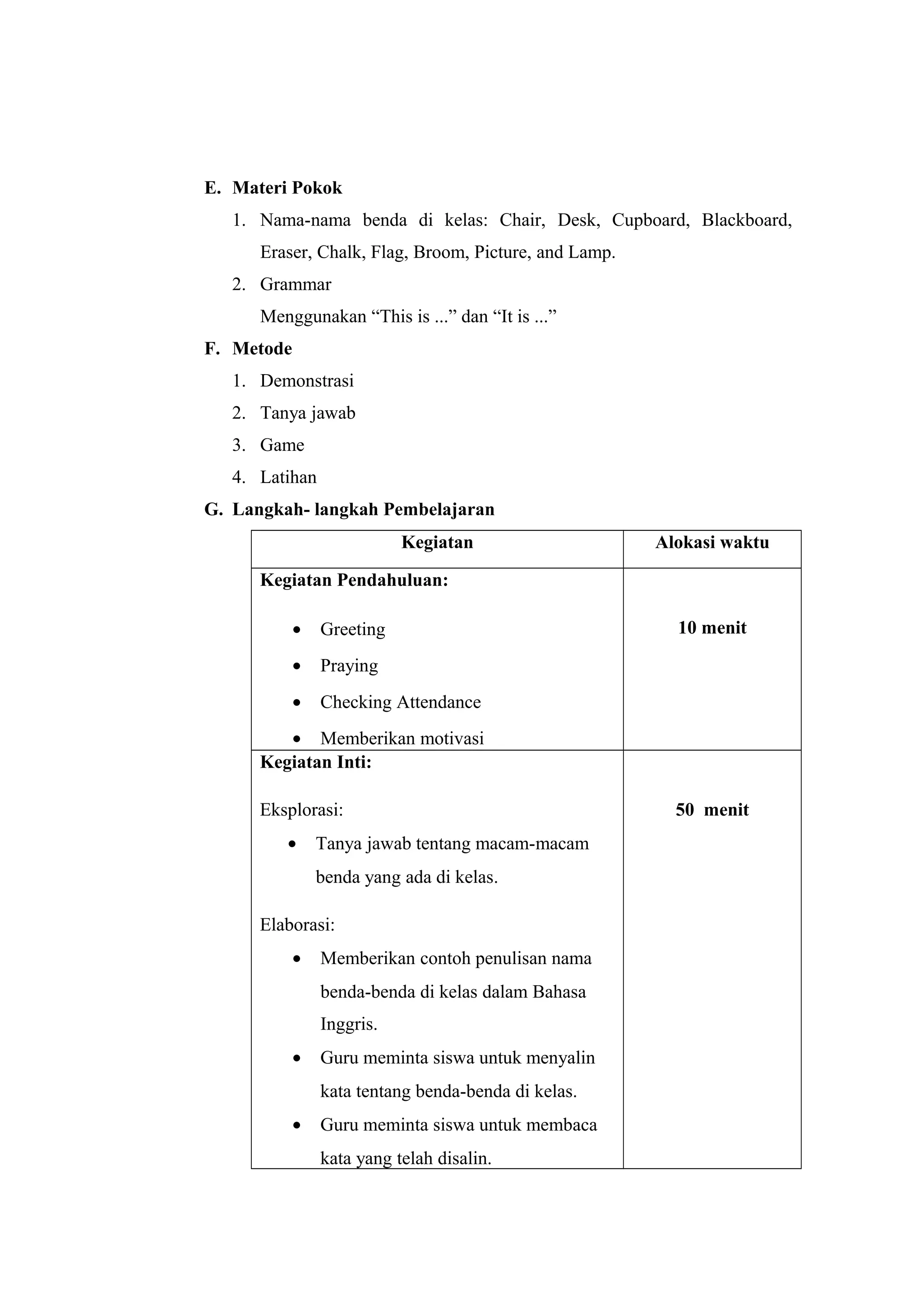 RPP Bahasa Inggris SD Kelas 4 | DOC