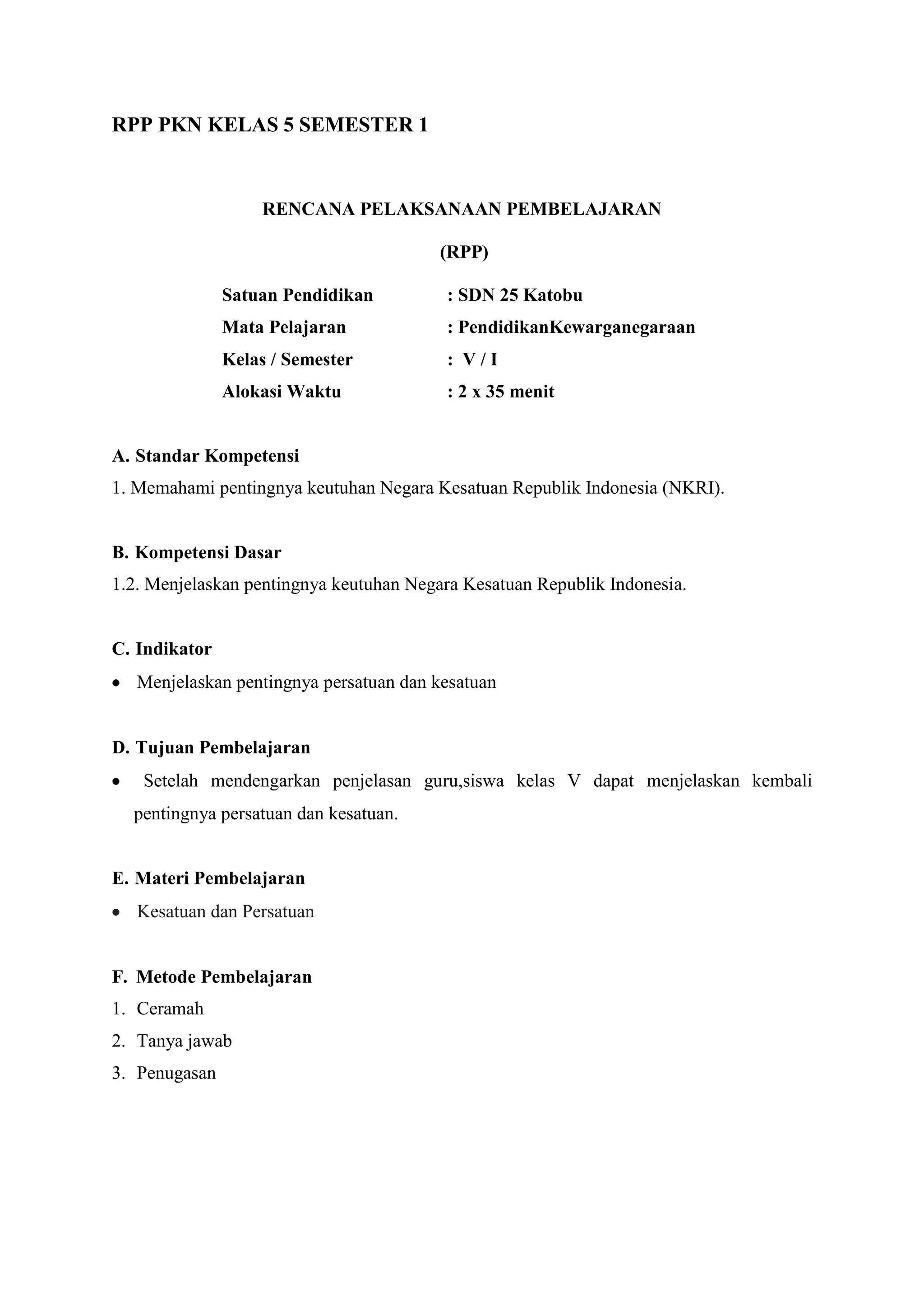 Rpp pkn kelas 5 semester 1 | PDF