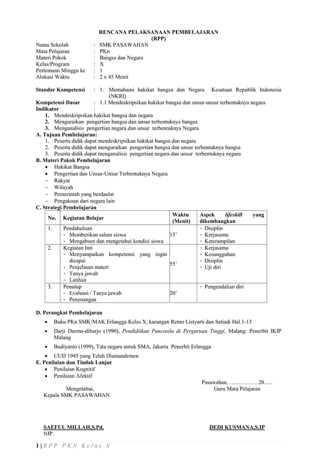 Rpp pkn smk kelas x | PDF