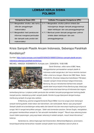 Rencana Pelaksanaan Pembelajaran (RPP) bab polimer (kimia) | DOCX