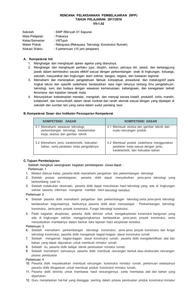 Rpp prakarya teknologi kelas vii | DOCX