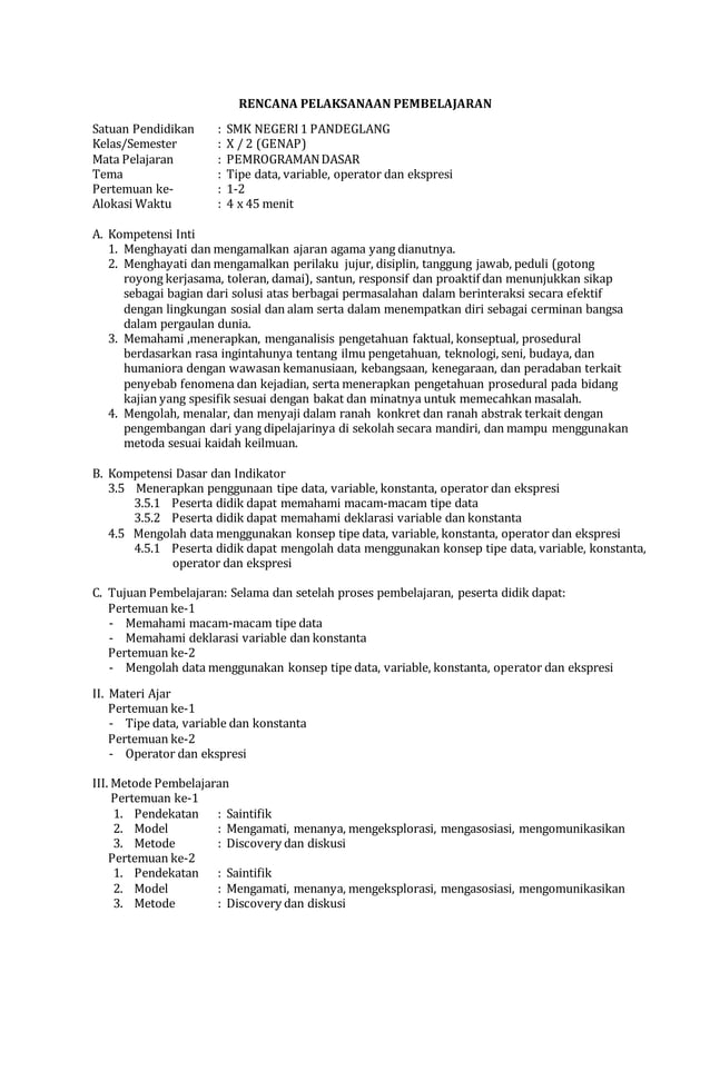 Rpp pemrograman dasar kelas 10 semester genap | DOCX