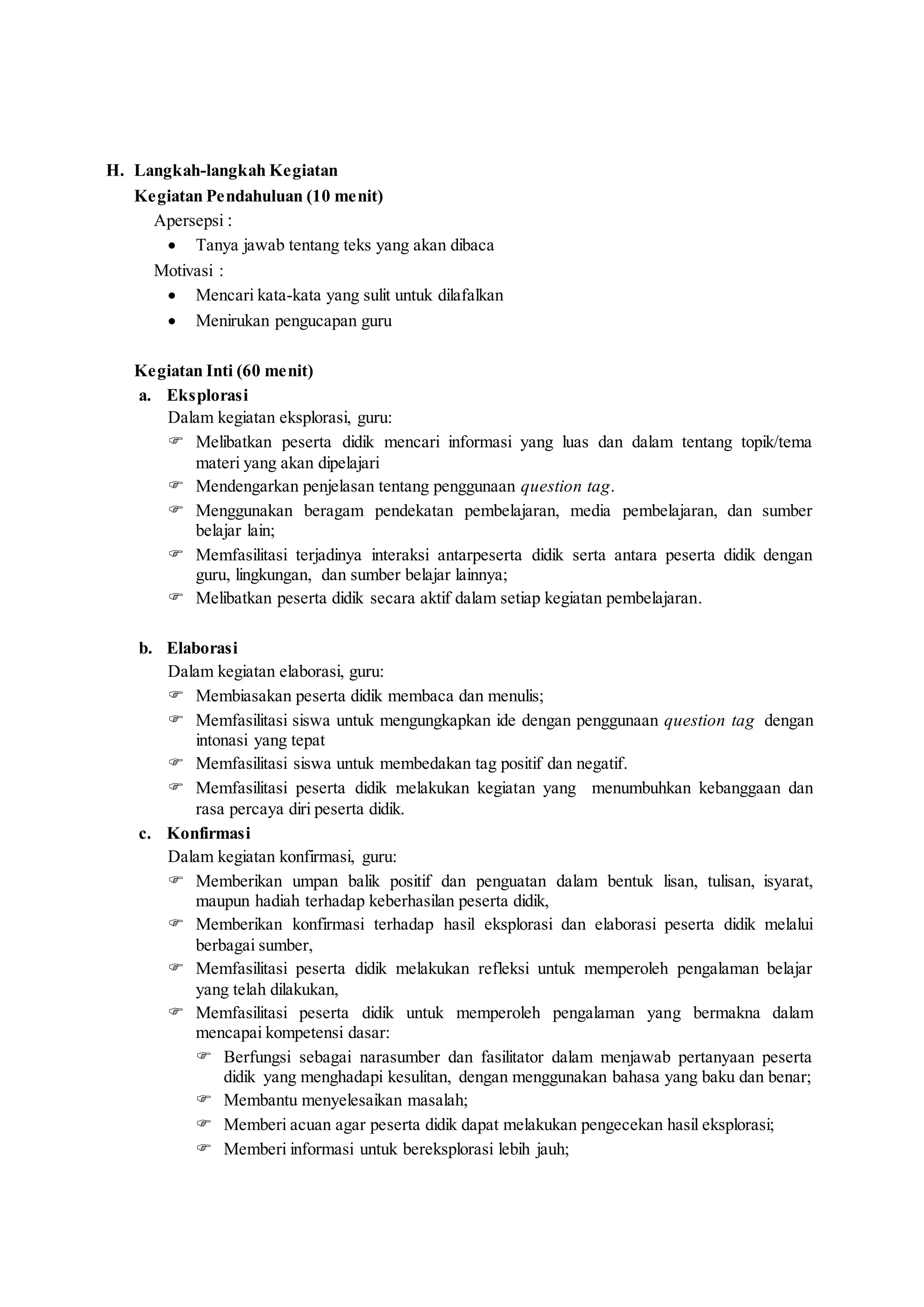 RPP BAHASA INGGRIS KELAS 7 SEMESTER 1 QUESTION TAGS | DOCX