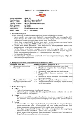 Rpp revisi 2016 teknik ukur tanah x smk rpp diva pendidikan | PDF
