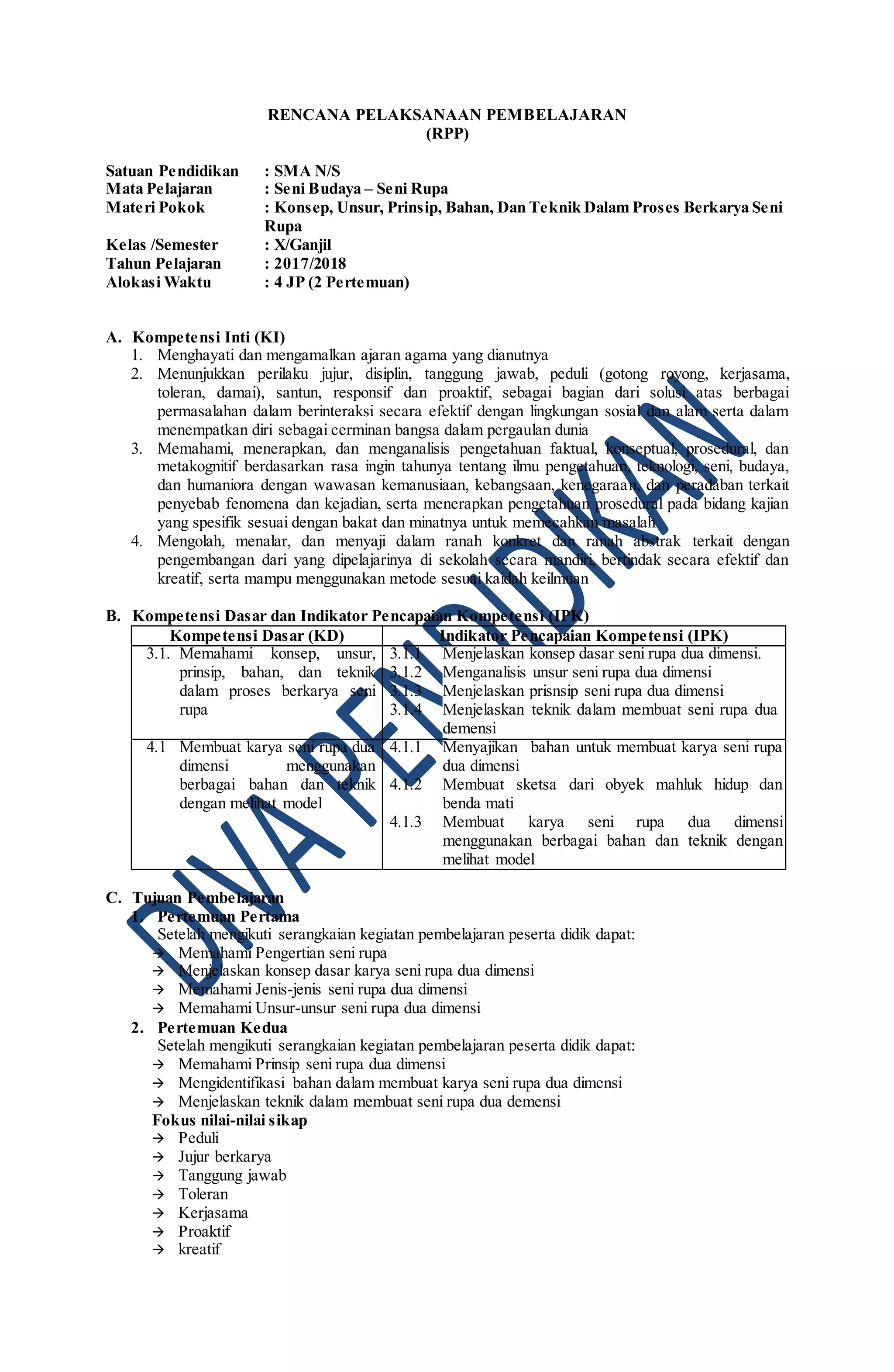 Rpp revisi 2017 seni budaya seni rupa kelas 10 sma | PDF