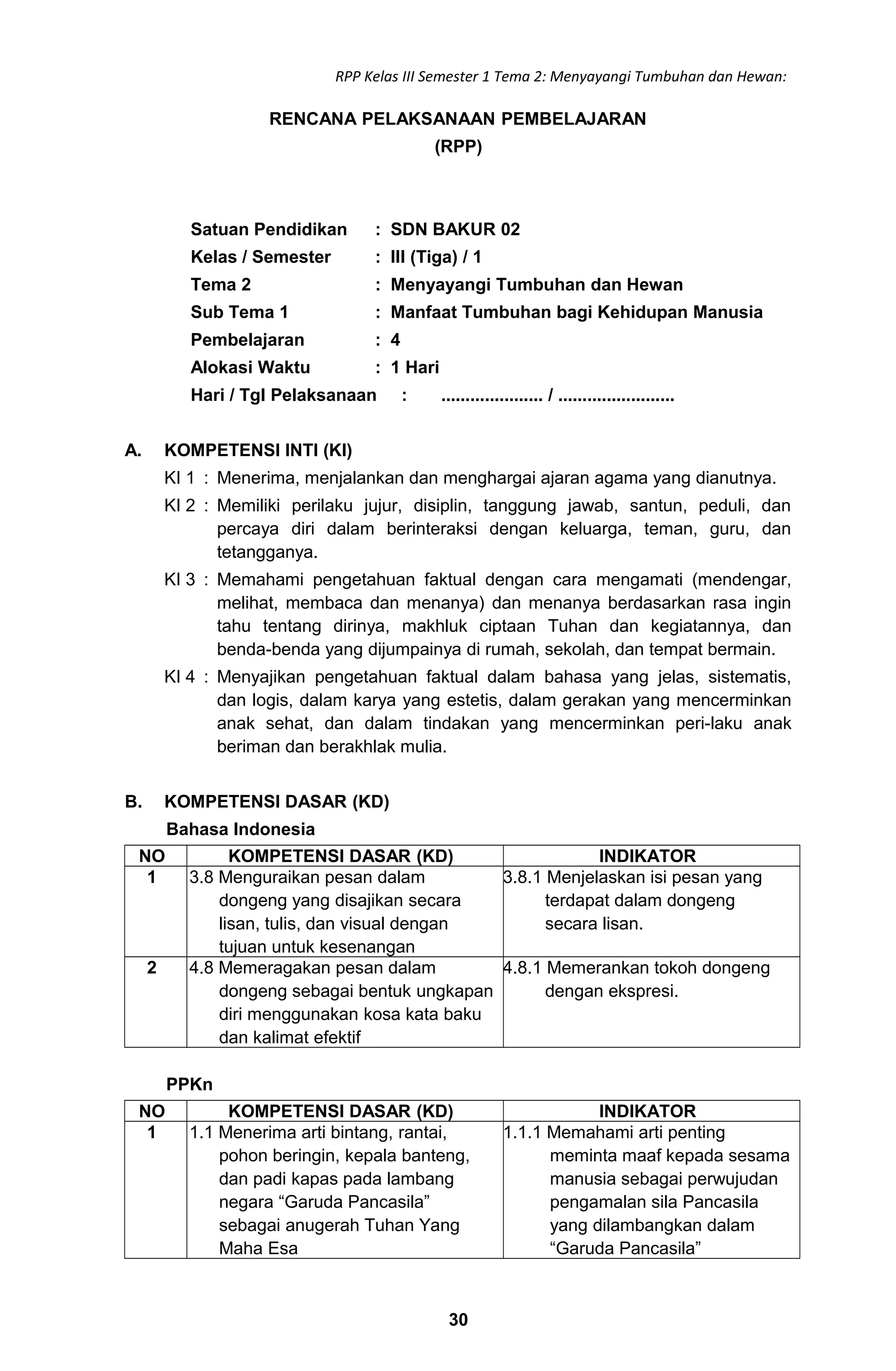 Rpp sd kelas 3 tema 2 menyayangi tumbuhan dan hewan revisi 2018 | DOC