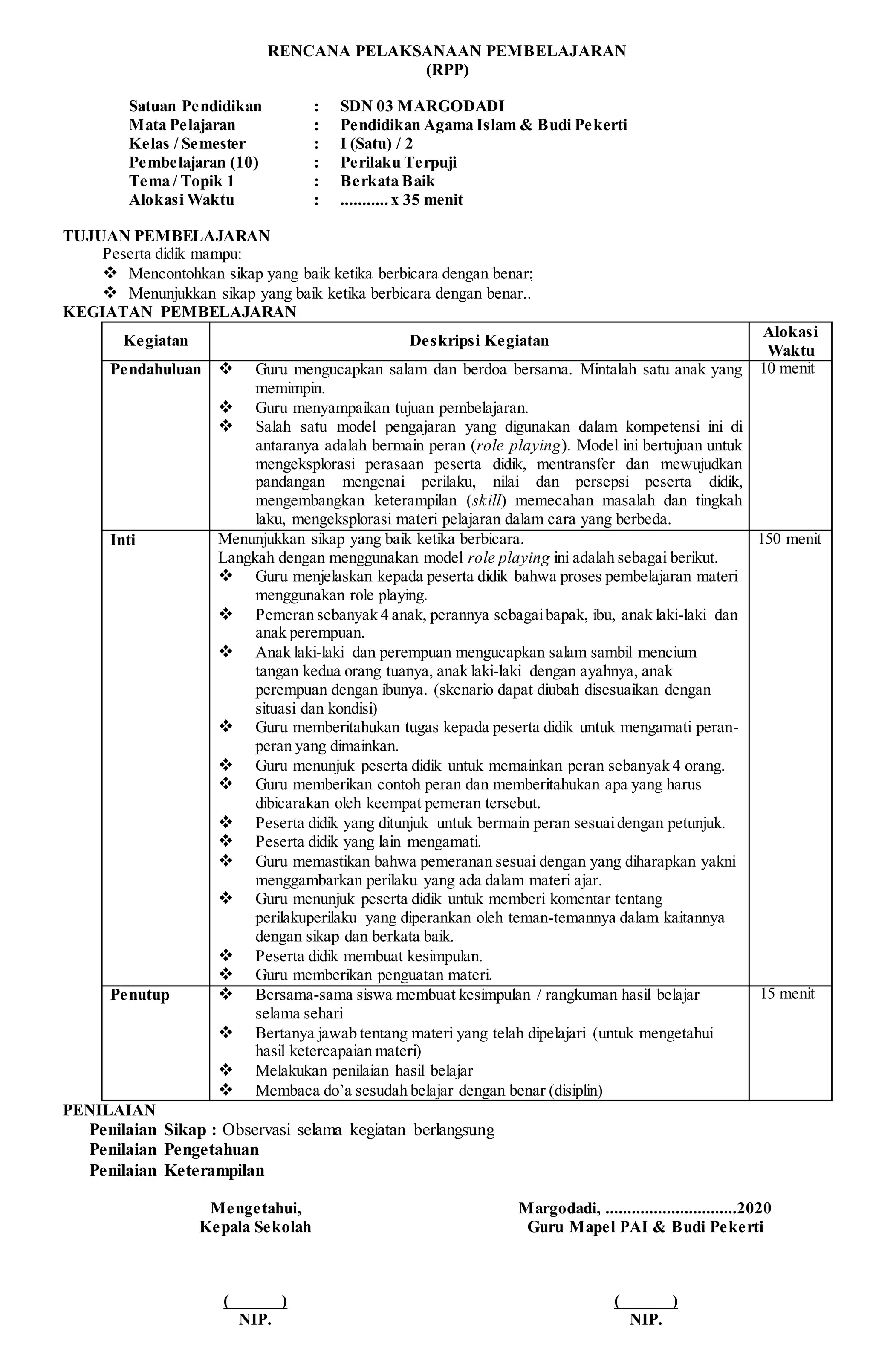 Rpp sd pai 1 lembar kelas 1 lostn.me