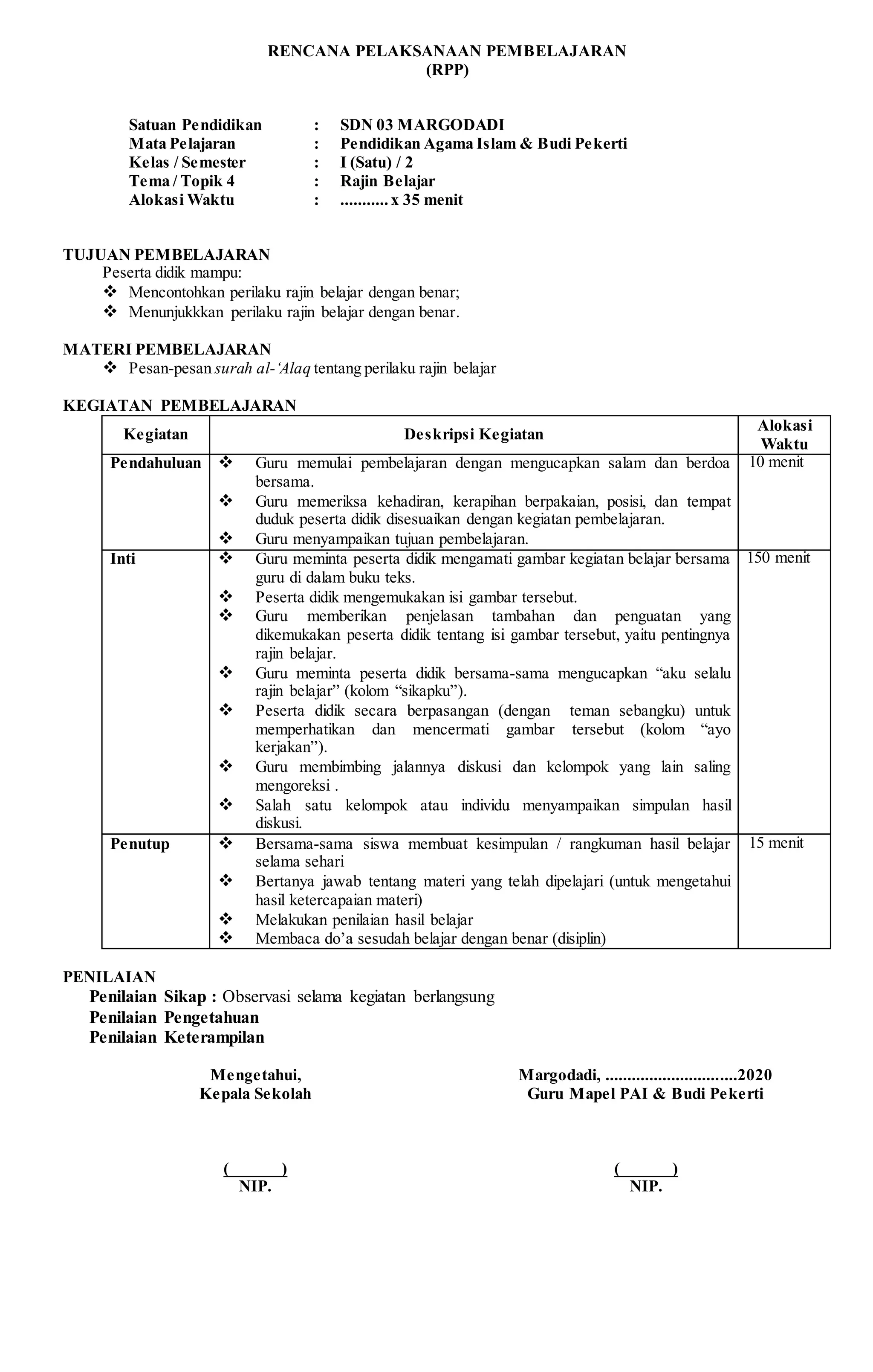 Rpp sd pai 1 lembar kelas 1 lostn.me