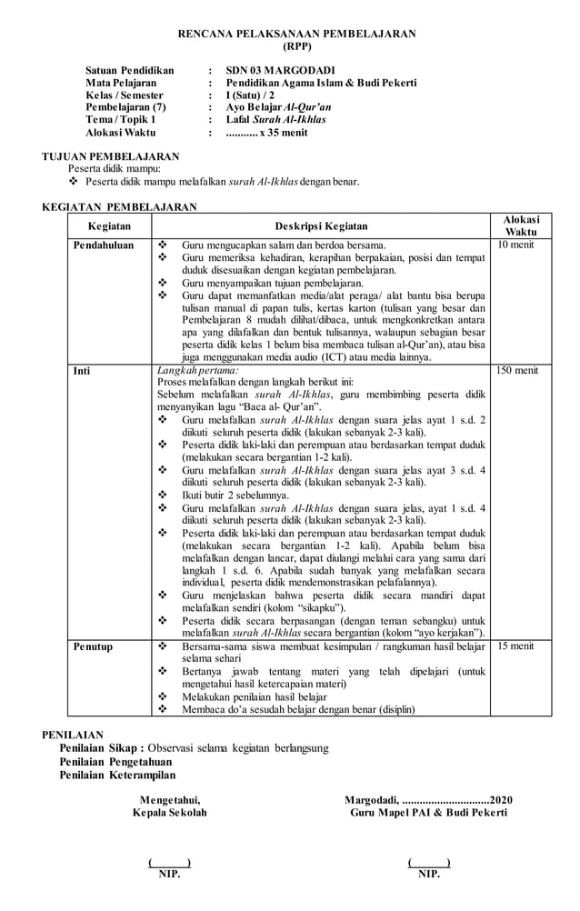 Rpp sd pai 1 lembar kelas 1 lostn.me