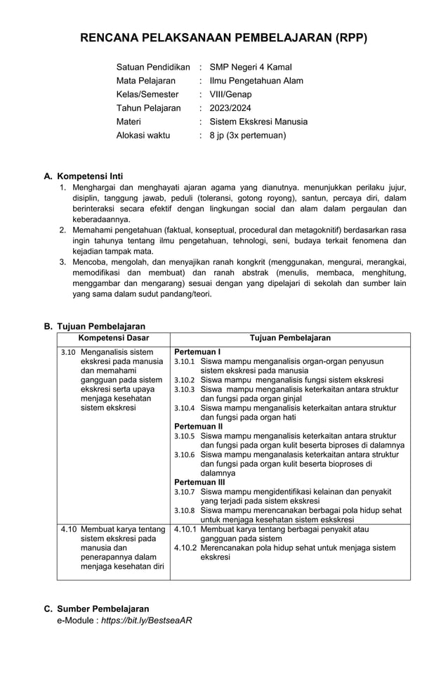 RPP Sistem Ekskresi - IPA Kelas 8 - semester Genap - 2024.docx