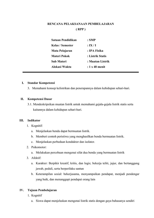 Rpp smp ix kd 3.1 - listrik | DOCX