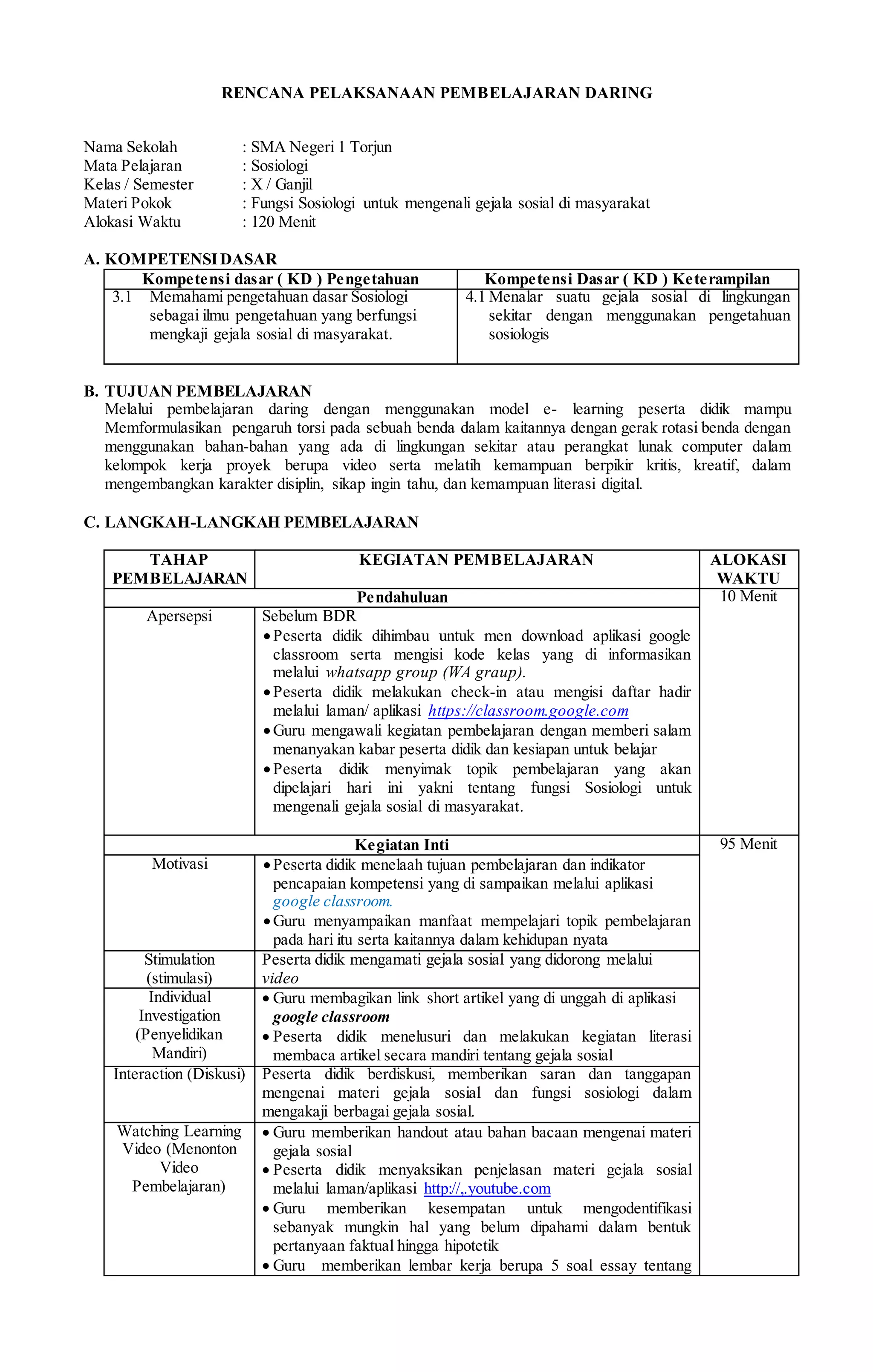 Rpp sosiologi daring kelas x | DOC