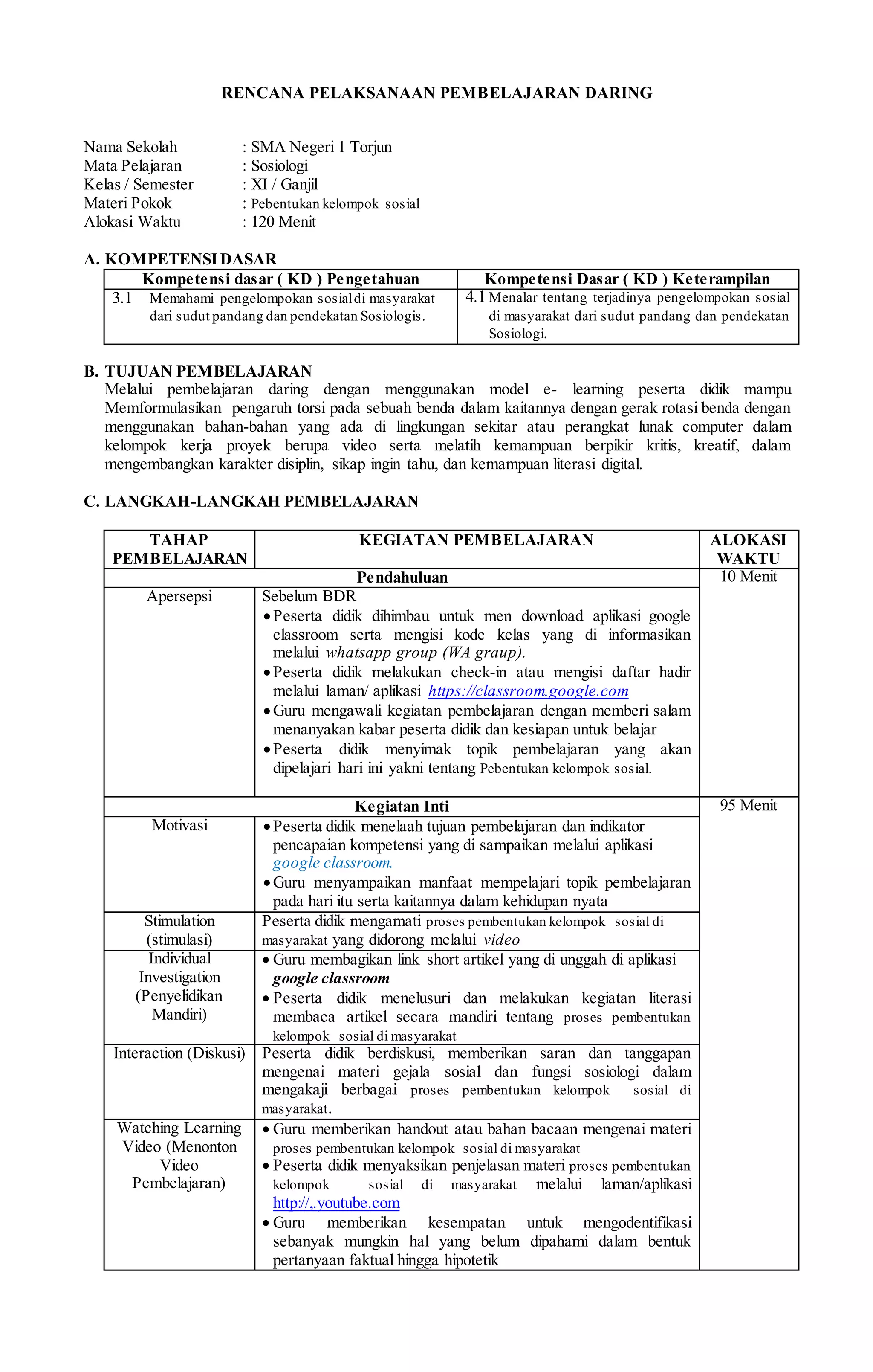 Rpp sosiologi daring kelas xi | DOC