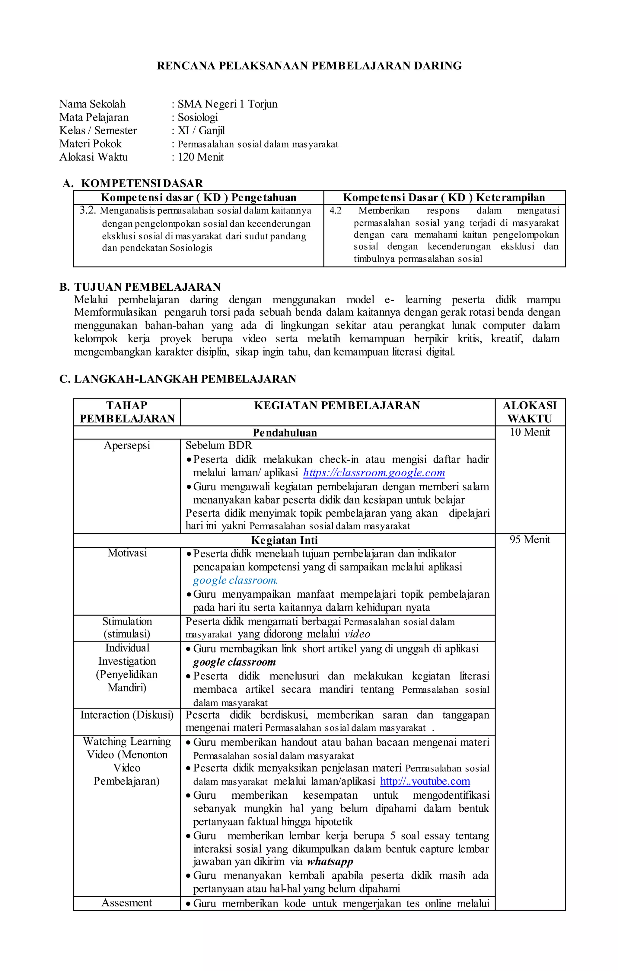 Rpp sosiologi daring kelas xi | DOC