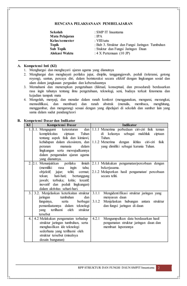Rpp struktur jaringan pada tumbuhan ku (daun) | PDF