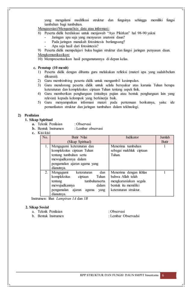 Rpp struktur jaringan pada tumbuhan ku (daun) | PDF