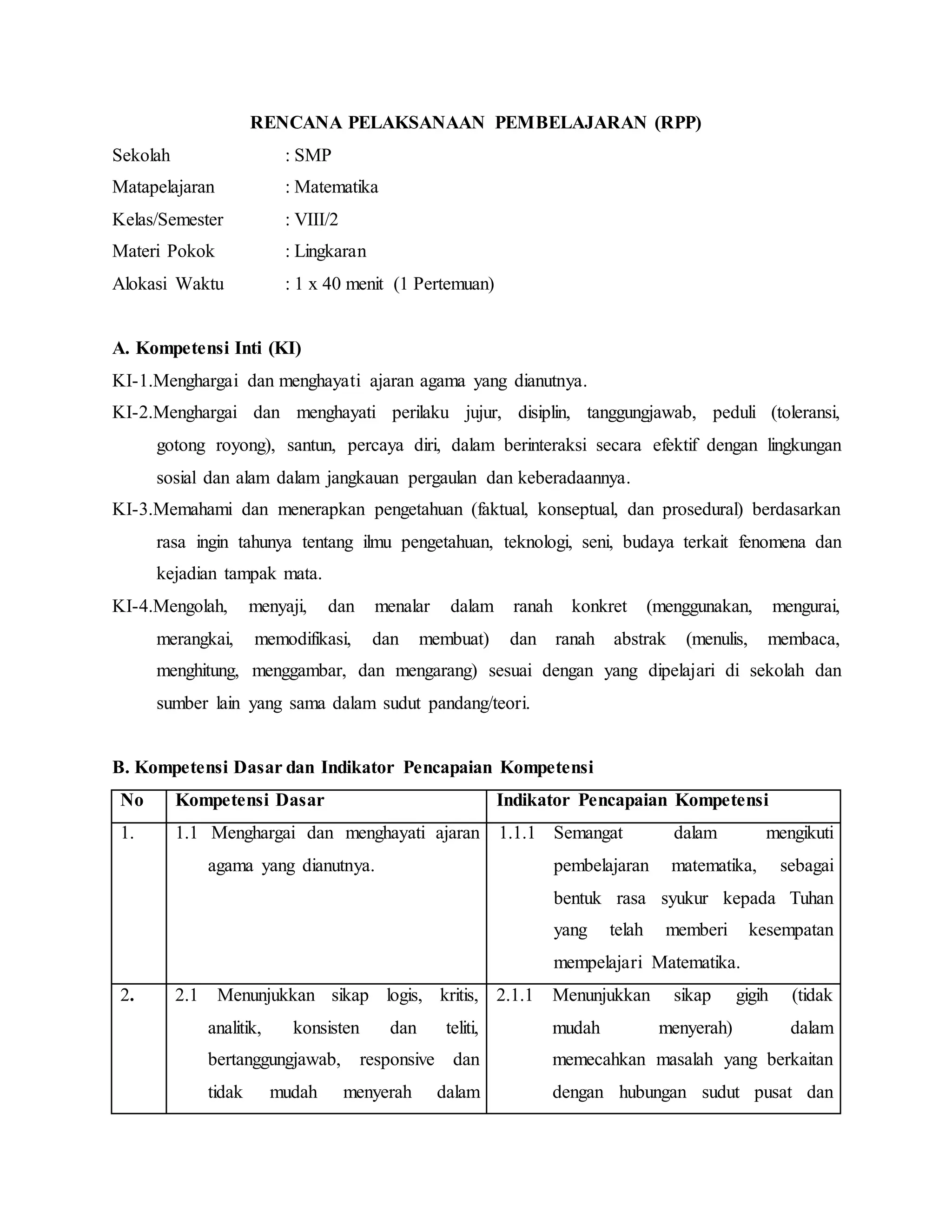 Rpp sudut pusat dan sudut keliling | DOCX