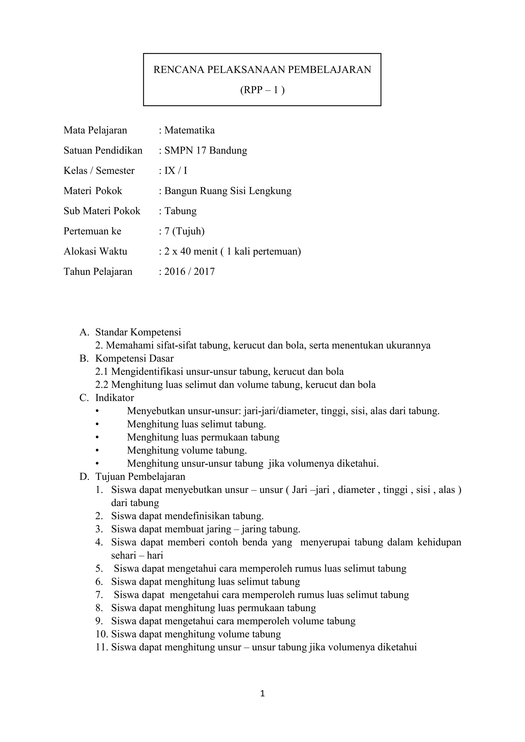 RPP Bangun Ruang Sisi Lengkung ( Tabung ) Matematika SMP kelas IX ...