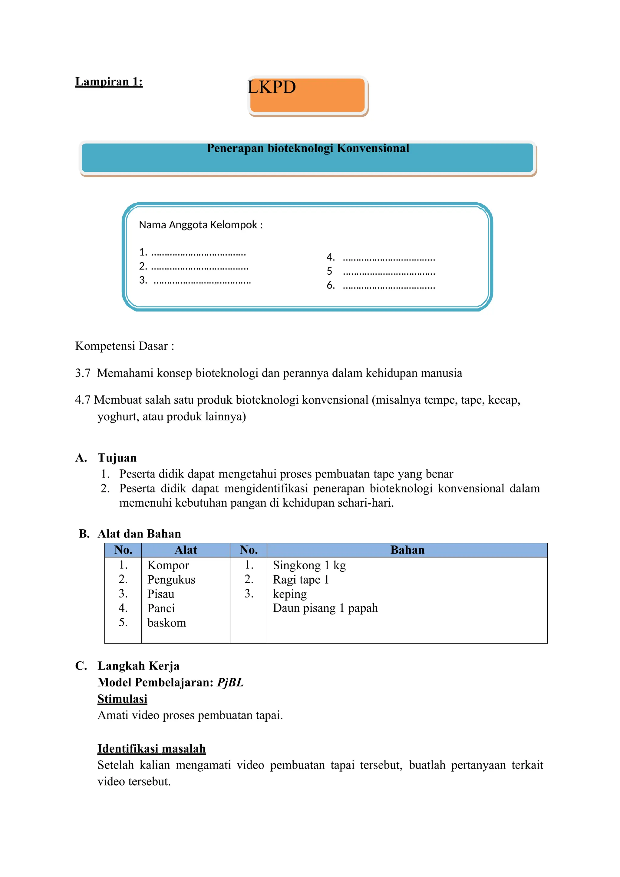 RPP dan LKPD pembuatan tape singkong pembelajaran bioteknologi | DOCX