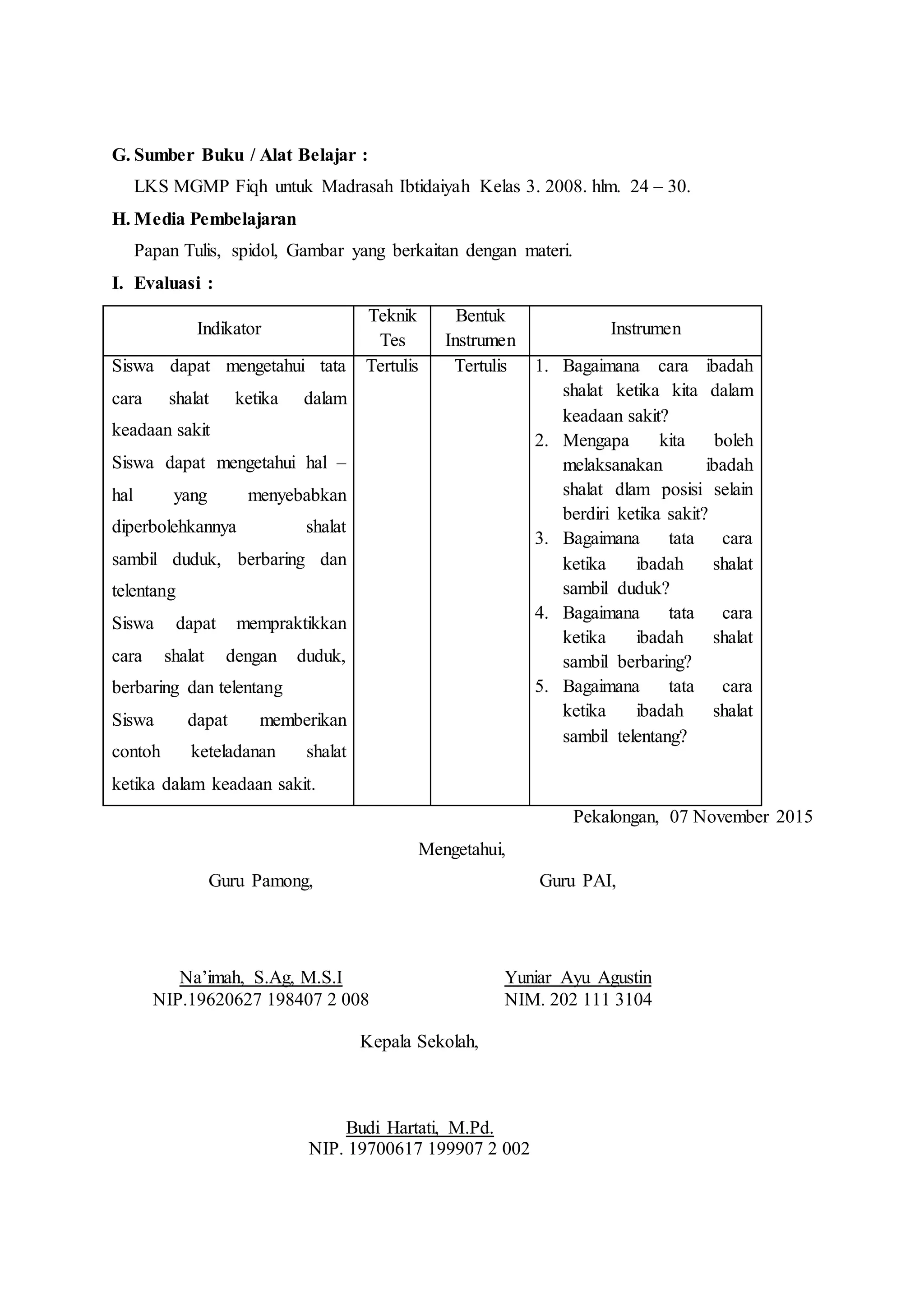 RPP Sholat Bagi Orang Sakit | DOCX