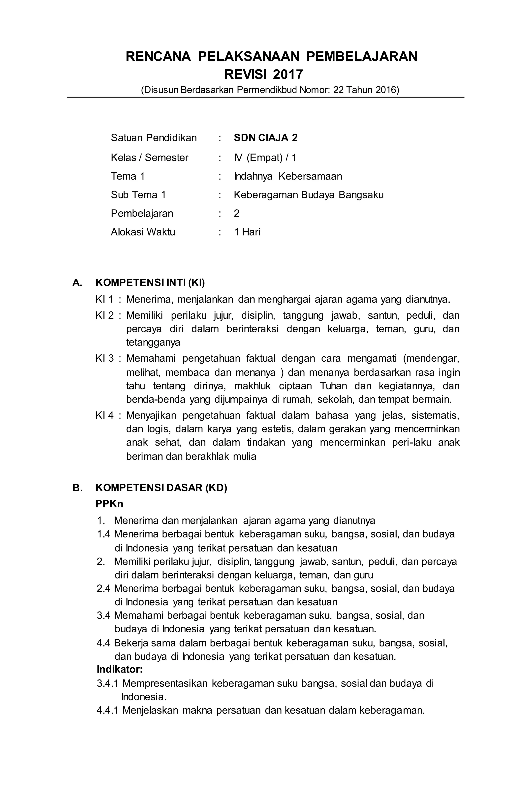 Rpp tema 1 kls 4 | PDF