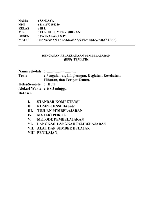 RPP TEMATIK KELAS 3 SD SEMESTER 1 | DOC