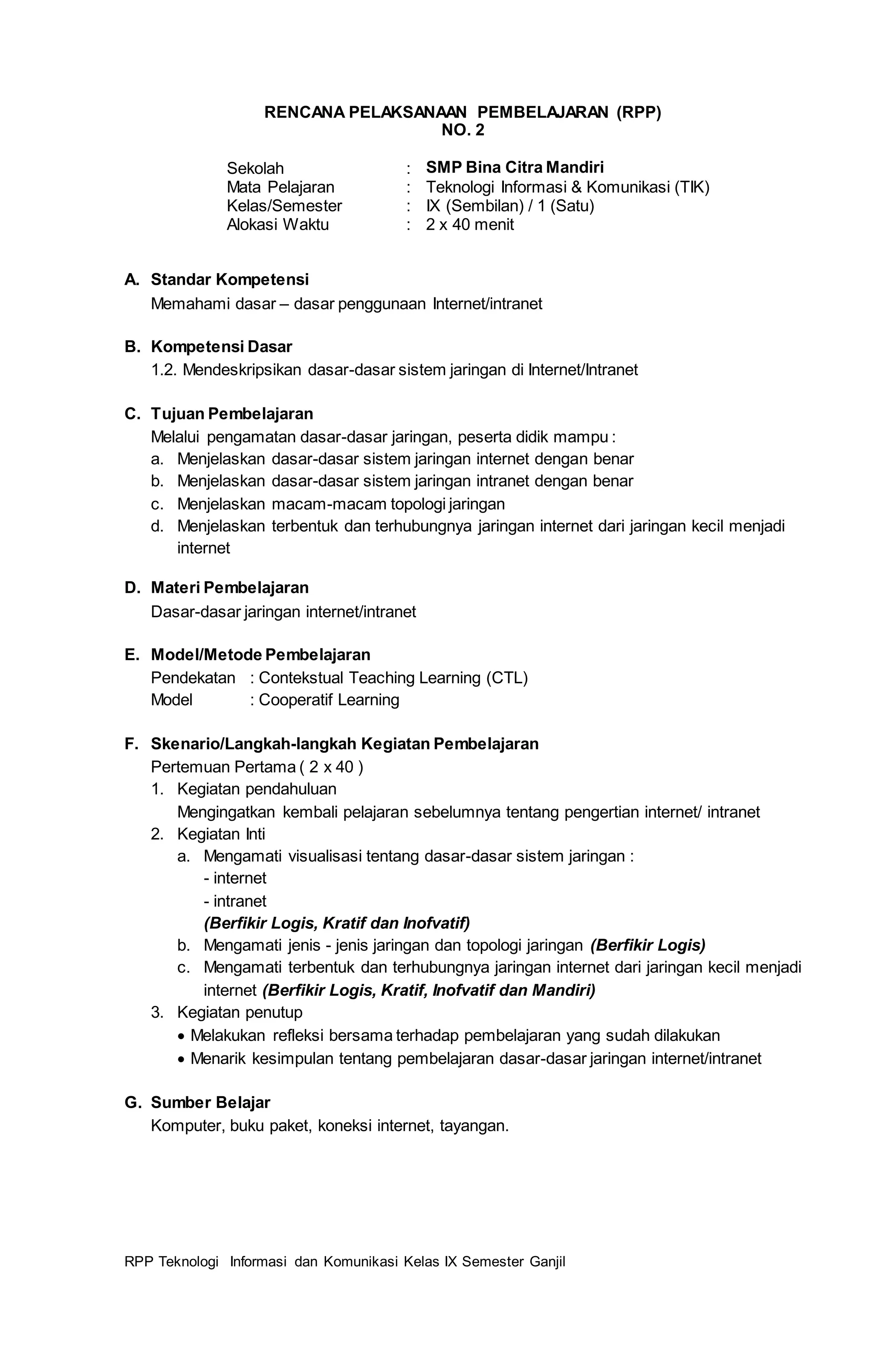 RPP TIK KELAS IX SEMESTER 1 | DOC