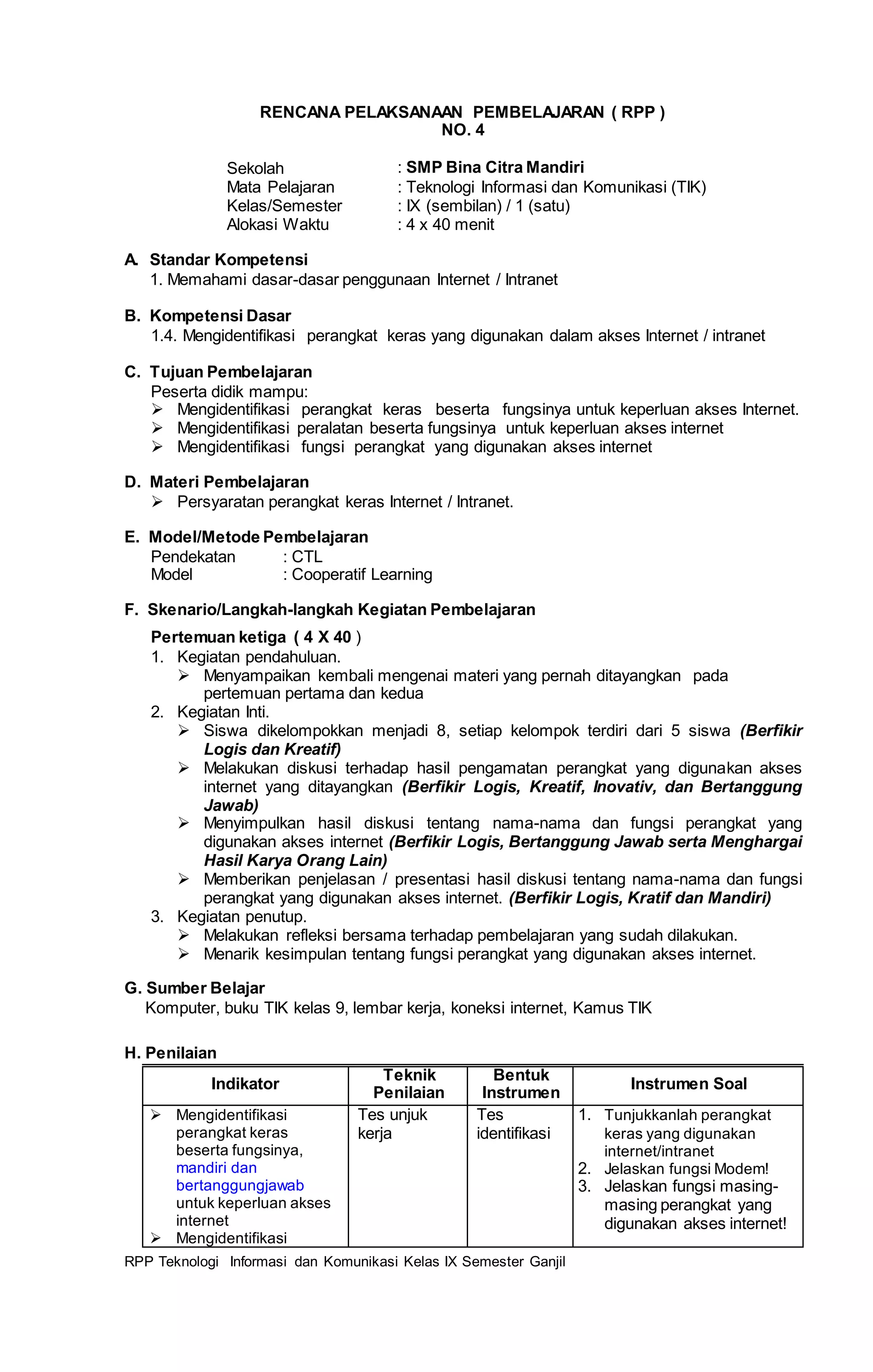 RPP TIK KELAS IX SEMESTER 1 | DOC