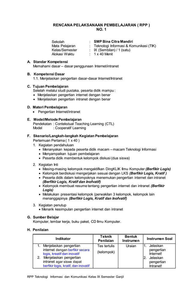 RPP TIK KELAS IX SEMESTER 1 | DOC