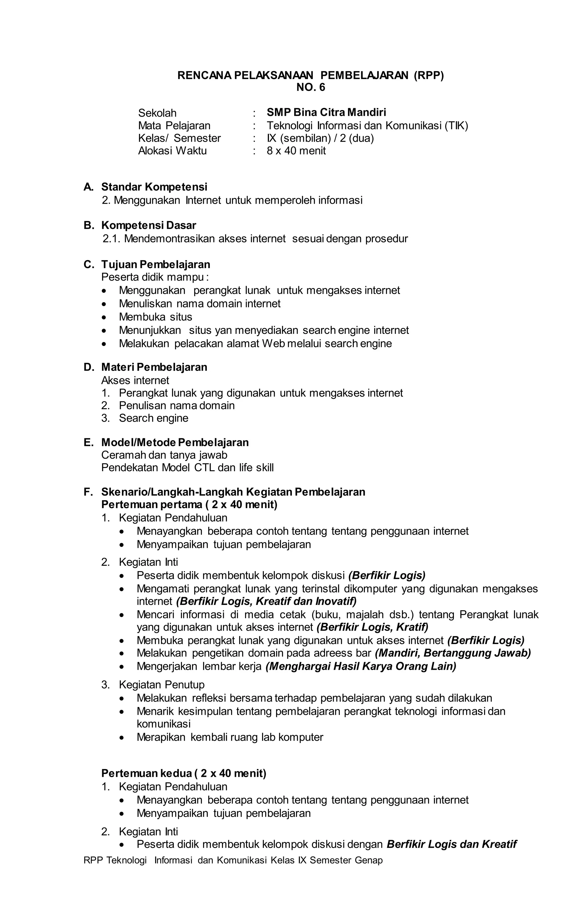 RPP TIK KELAS IX SEMESTER 2 | DOC