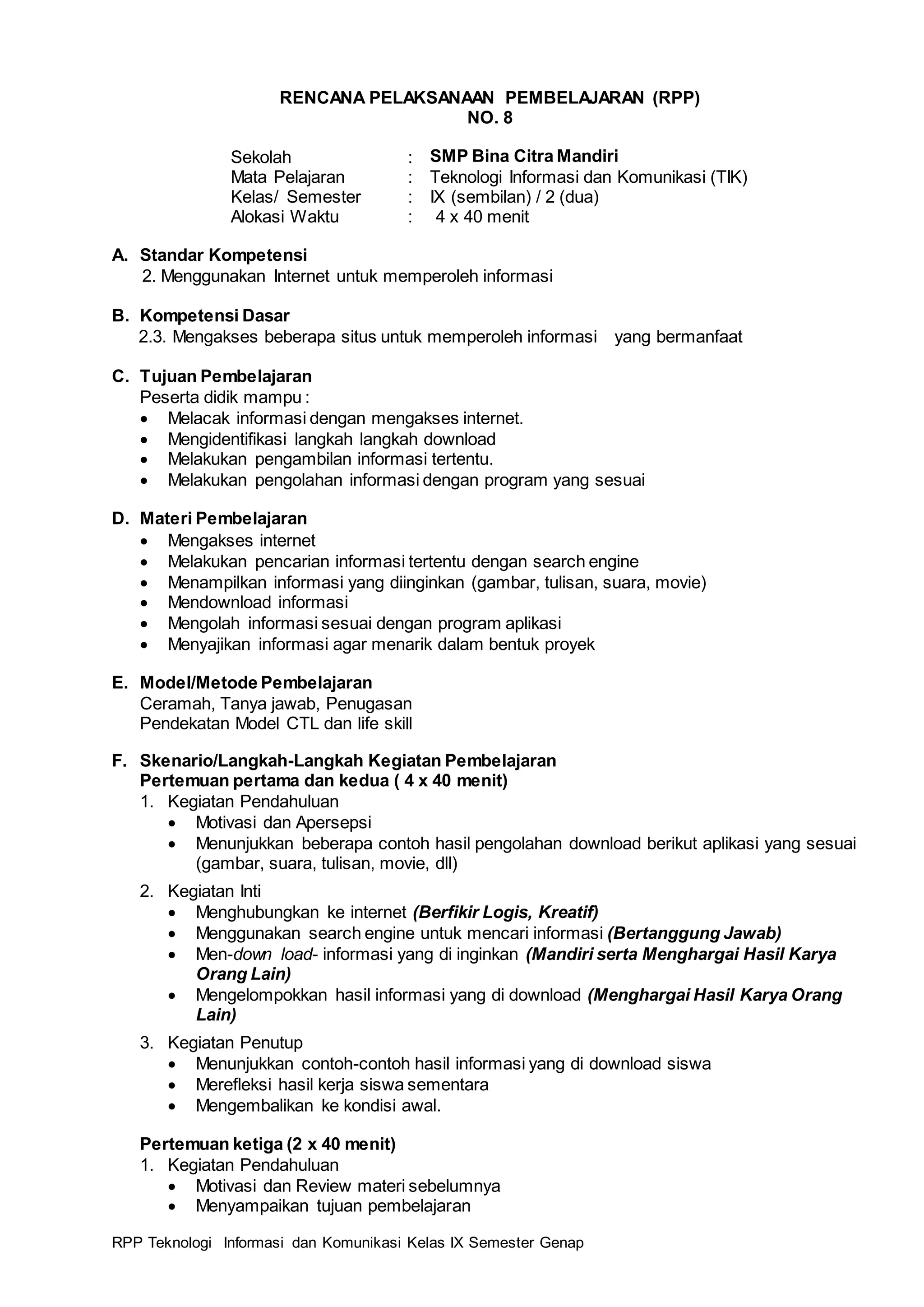 RPP TIK KELAS IX SEMESTER 2 | DOC