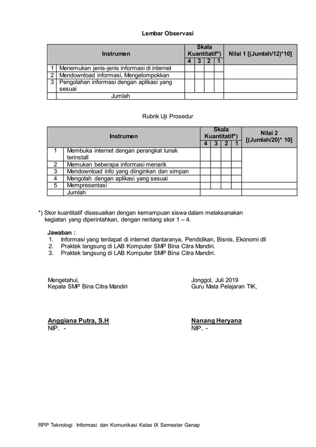 RPP TIK KELAS IX SEMESTER 2 | DOC