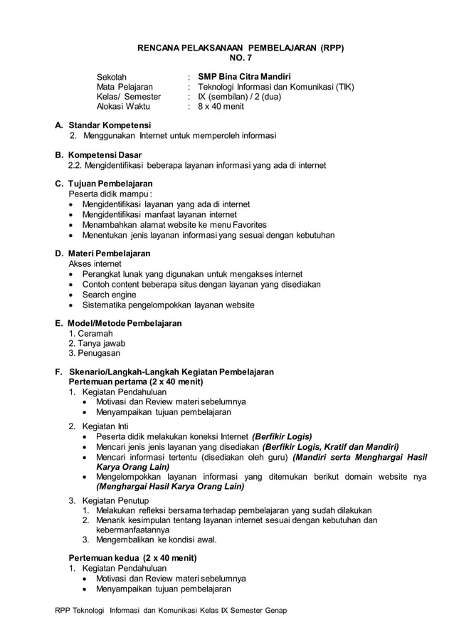 RPP TIK KELAS IX SEMESTER 2 | DOC