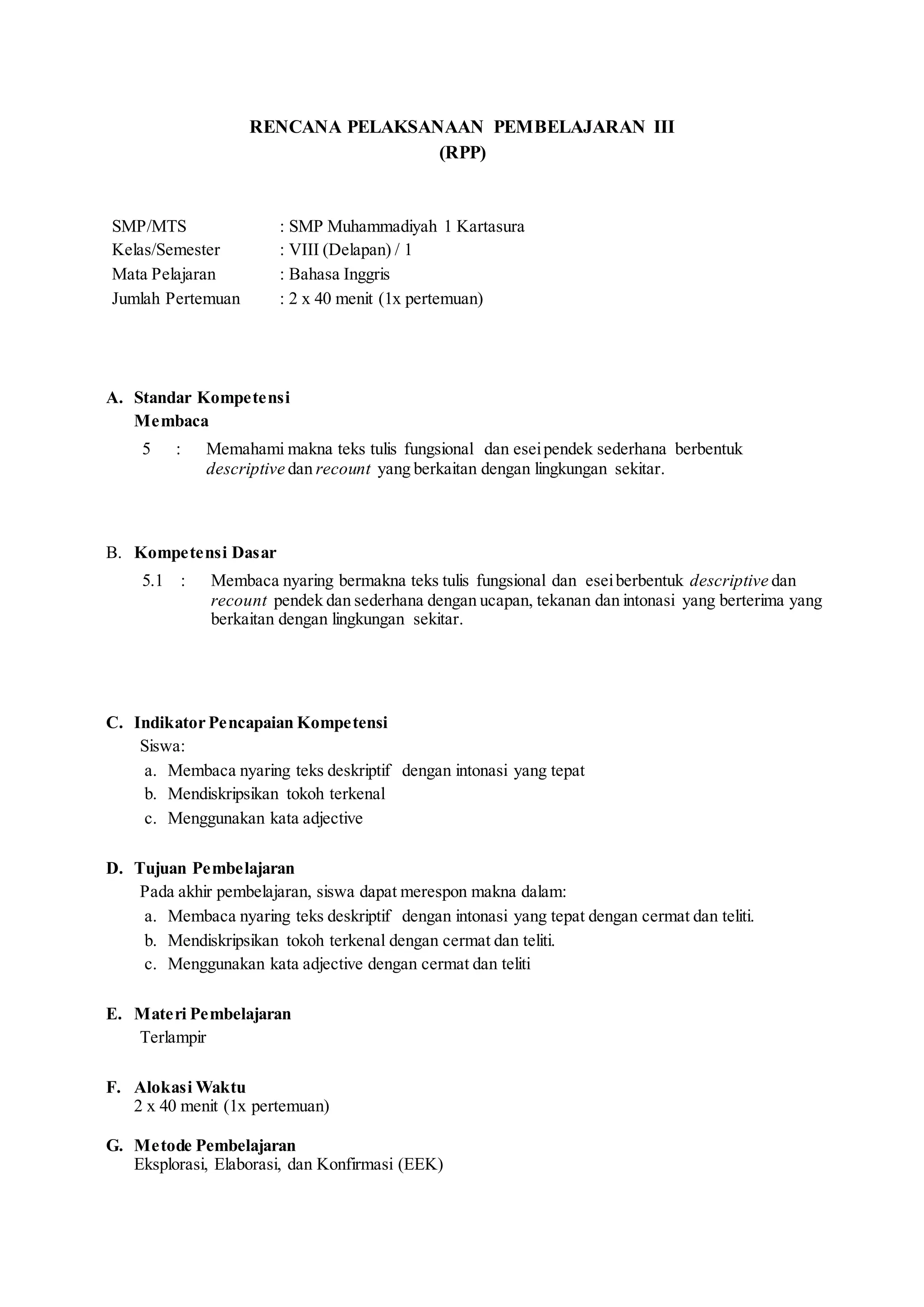 RPP BAHASA INGGRIS KELAS 8 SEMESTER 1 DESCRIPTIVE TEXT | DOCX