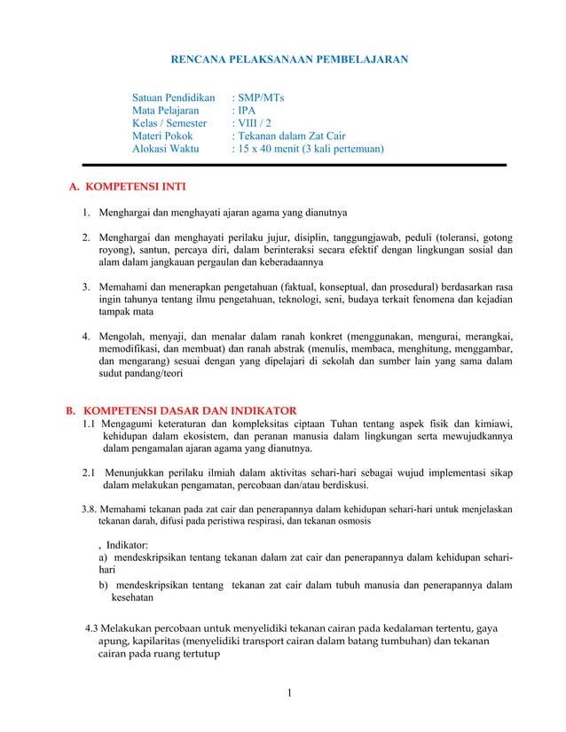 Rpp viii bab 8 - tekanan pada zat cair | DOC