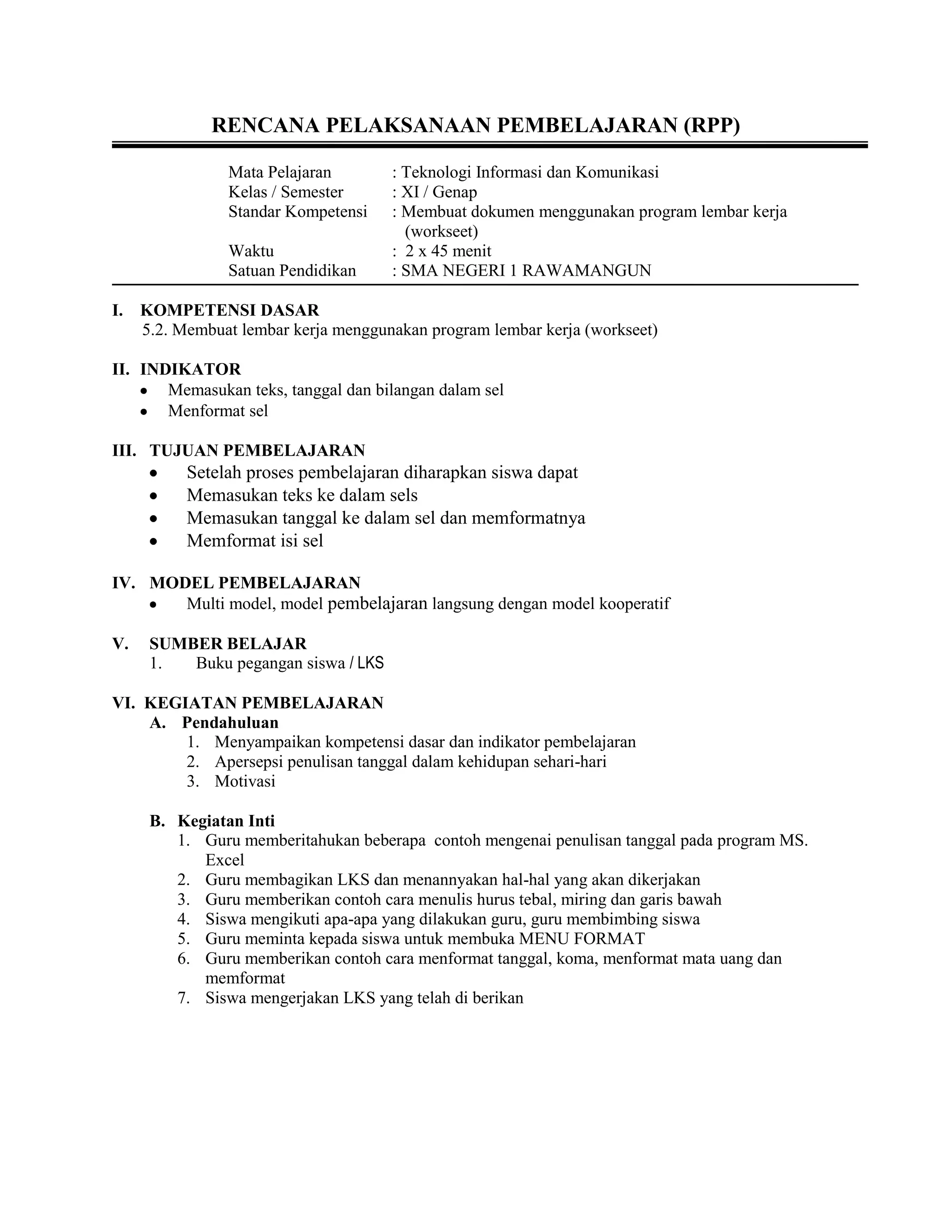 Rpp worksheet kelas xi | DOCX