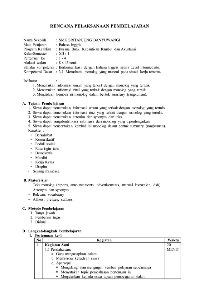 Rppxii 1 i kd 3.1 Bahasa Inggris SMK KTSP | PDF