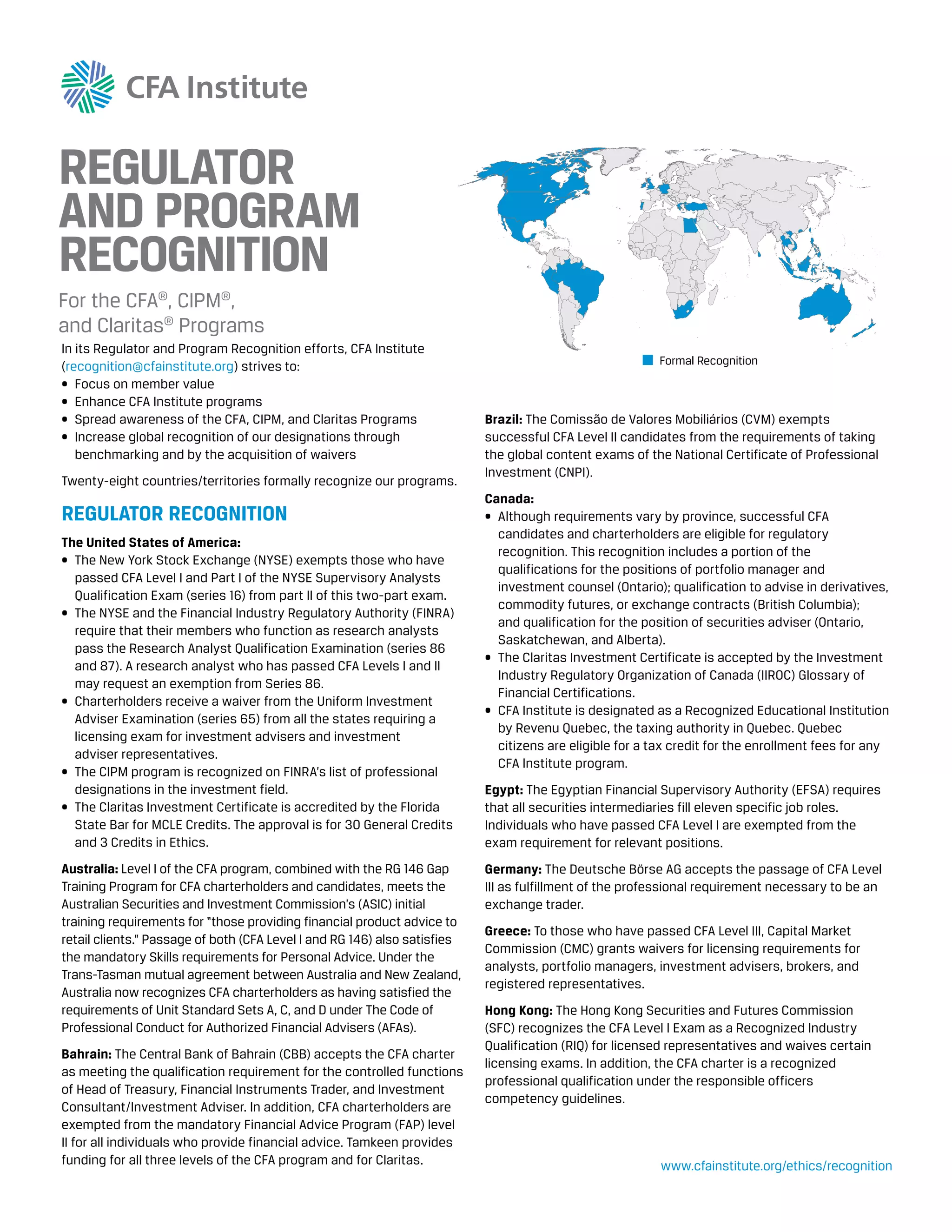 CFA Institute - Regulator and Program Recognition | PDF