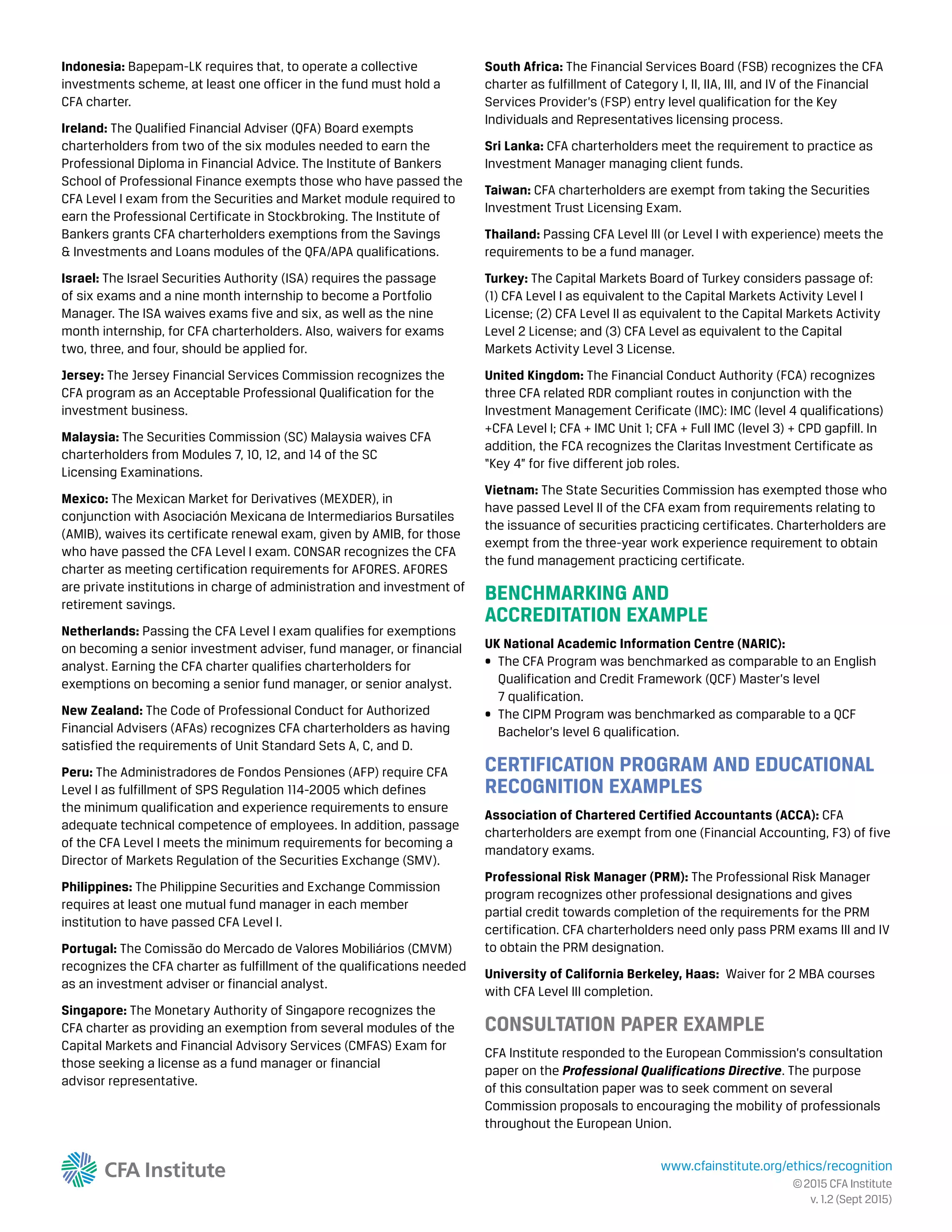 CFA Institute - Regulator and Program Recognition | PDF