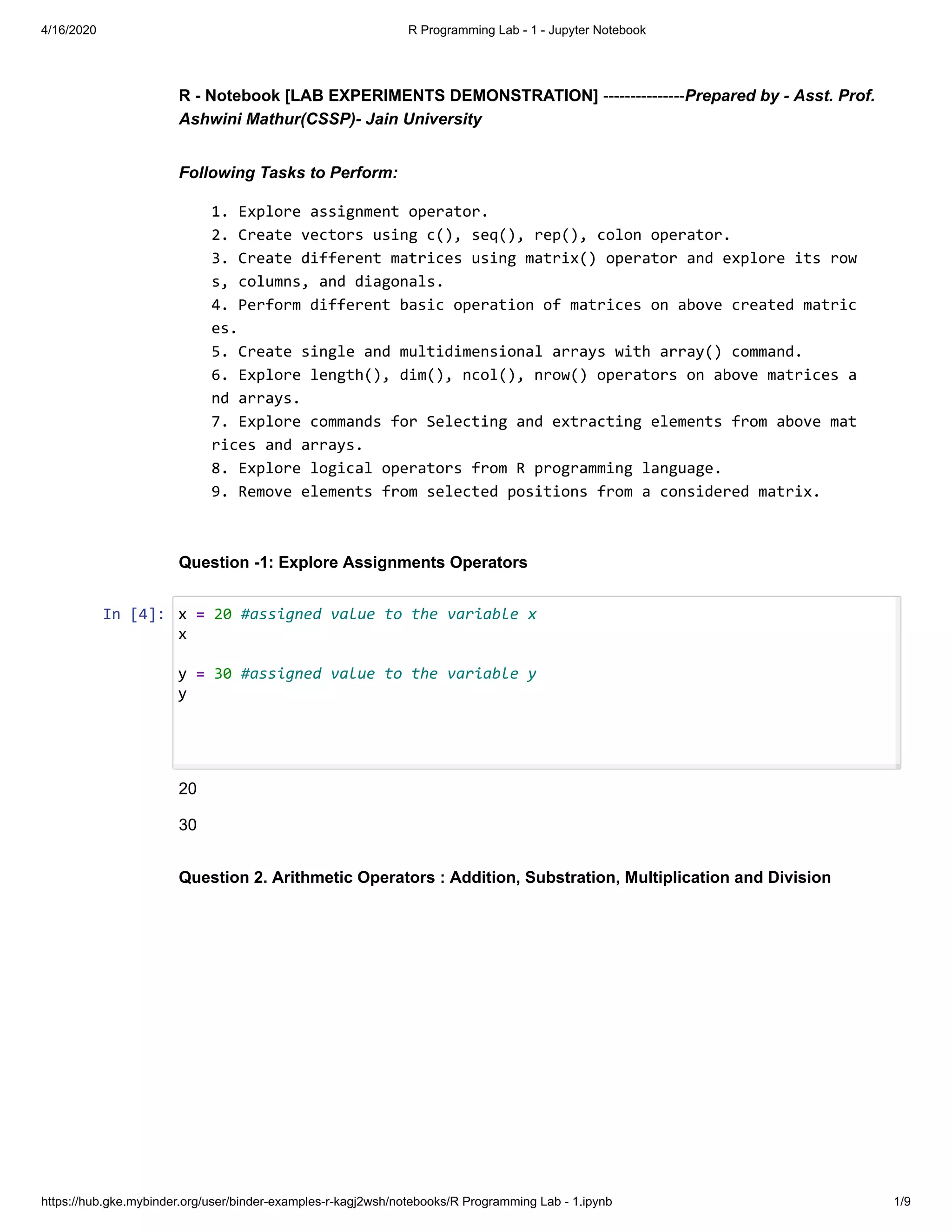 R programming lab 1 - jupyter notebook | PDF
