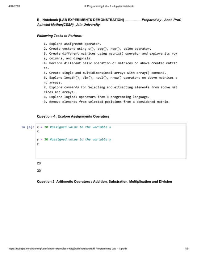 R programming lab 1 - jupyter notebook | PDF
