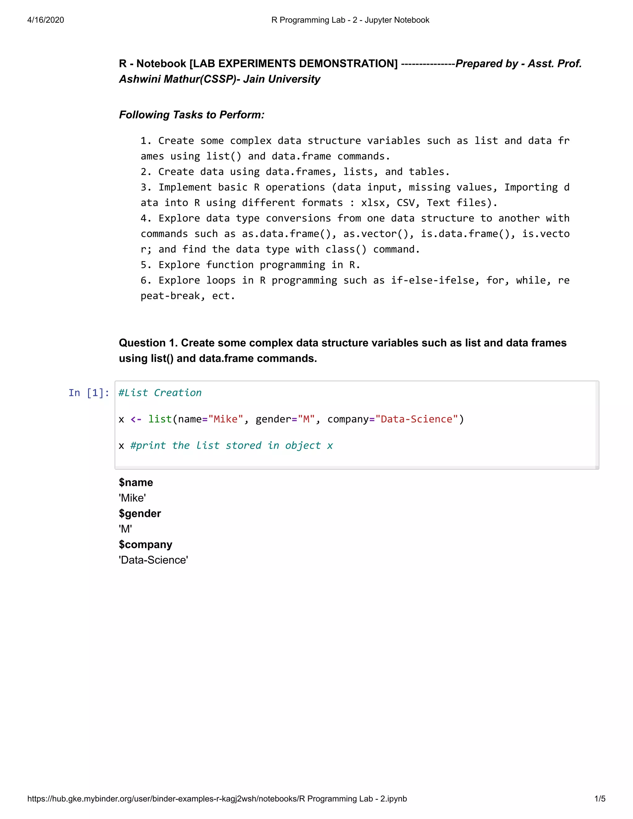 R programming lab 2 - jupyter notebook | PDF