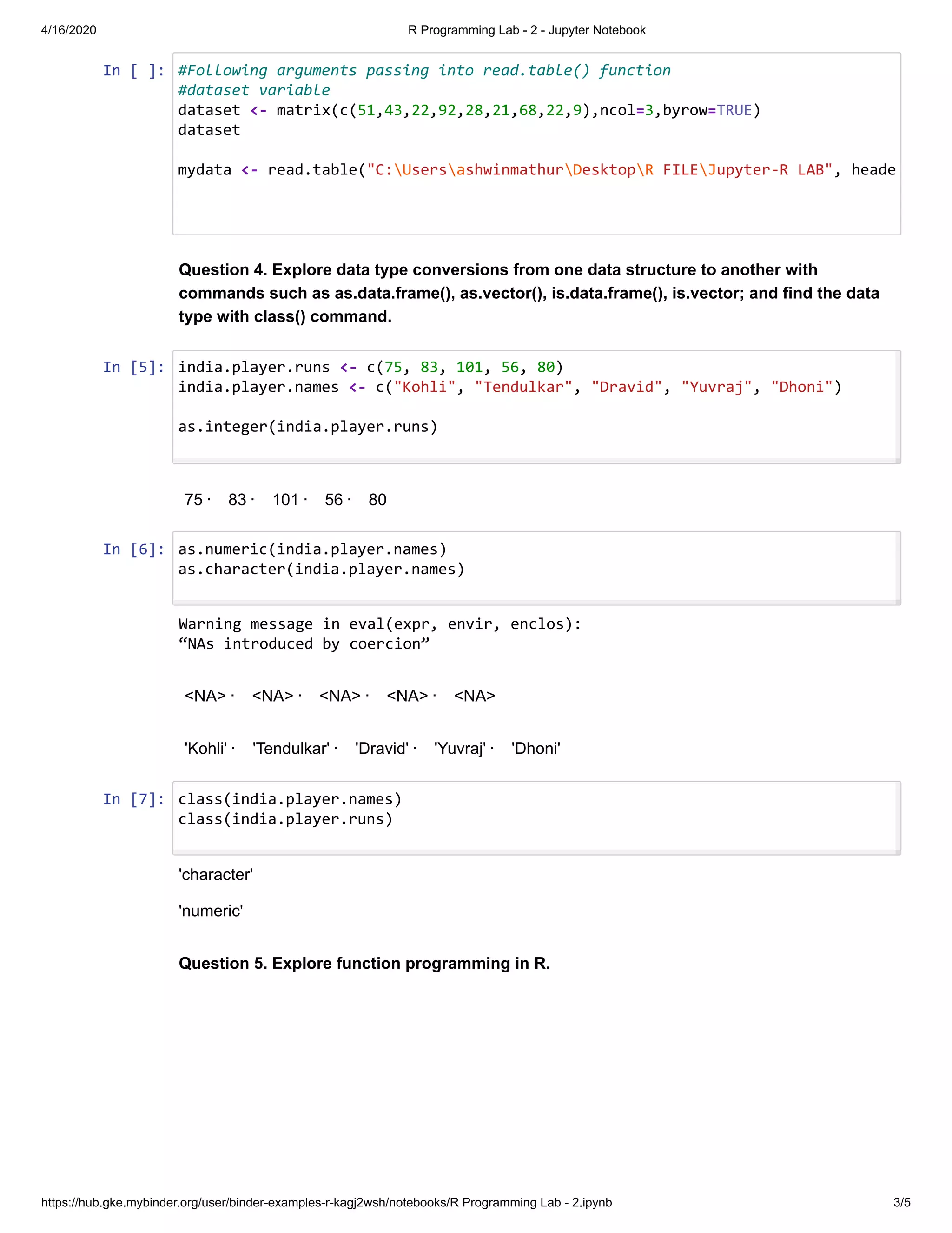 R programming lab 2 - jupyter notebook | PDF